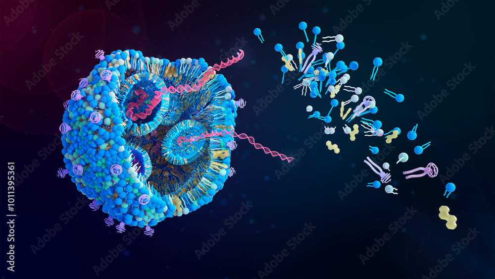 Lipid nanoparticle (LNP) with DNA inside. LNPs are promising vehicles ...