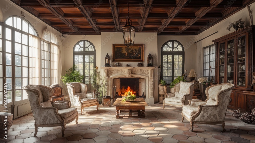 Elegant French Country Salon with Grand Limestone Fireplace and Antique ...