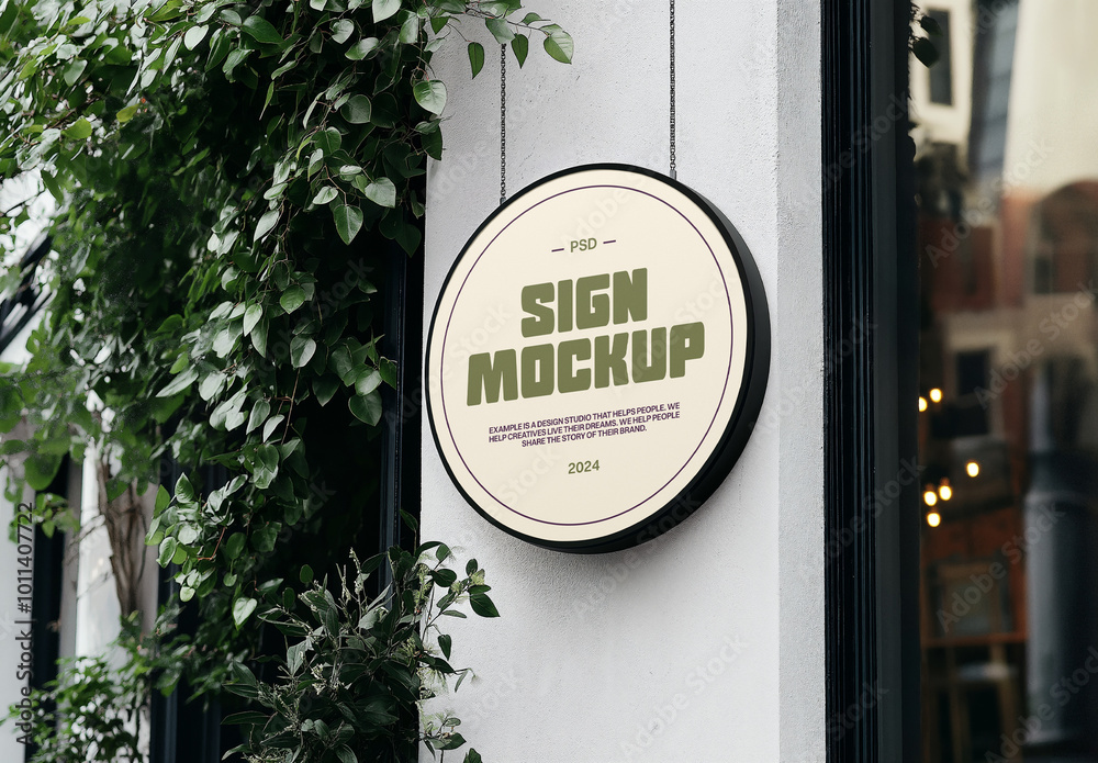 Circle Restaurant Sign on the Wall Mockup Stock Template | Adobe Stock