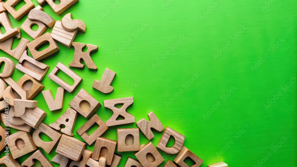 Isolated wooden vowels on green chroma background for educational ...