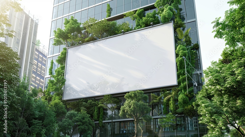 Urban display window. Blank billboard nestled between lush greenery and ...