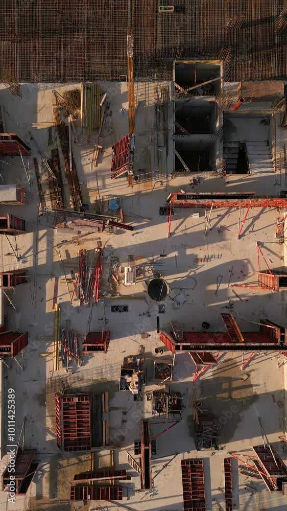 A drone video showcasing a top-down view of a construction site. The ...