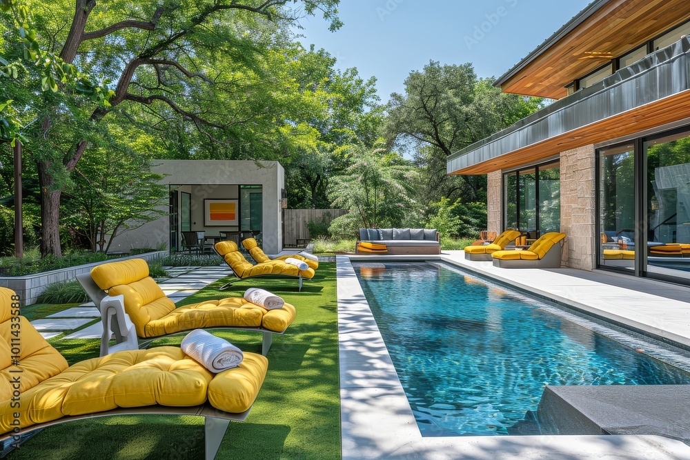 Elegant modern pool area with artificial grass, yellow chairs, and ...