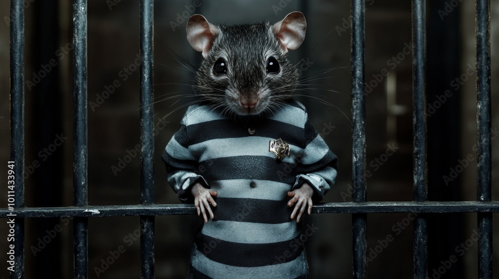 Mouse wearing a prison uniform, looking out of a jail cell. Concept of ...