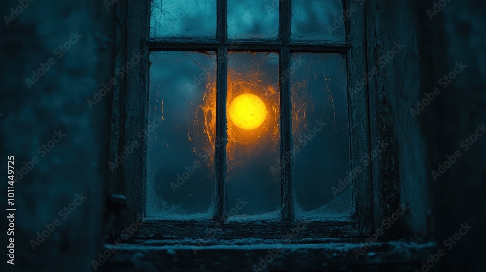 A close-up of an old, dusty window with a cracked pane, barely lit by ...