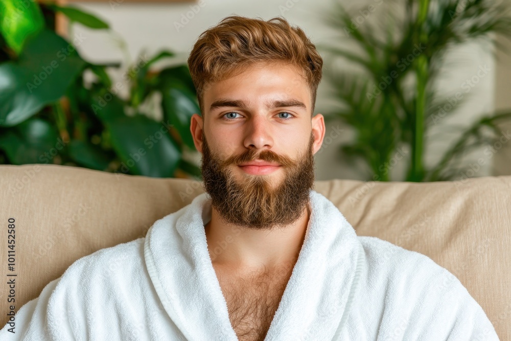 Man Relaxing in a White Bathrobe on a Comfortable Sofa After a Shower ...