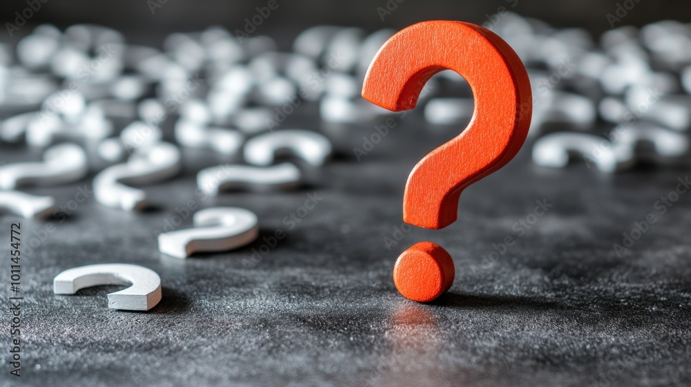 Bright red question mark in focus while white question marks blur in ...