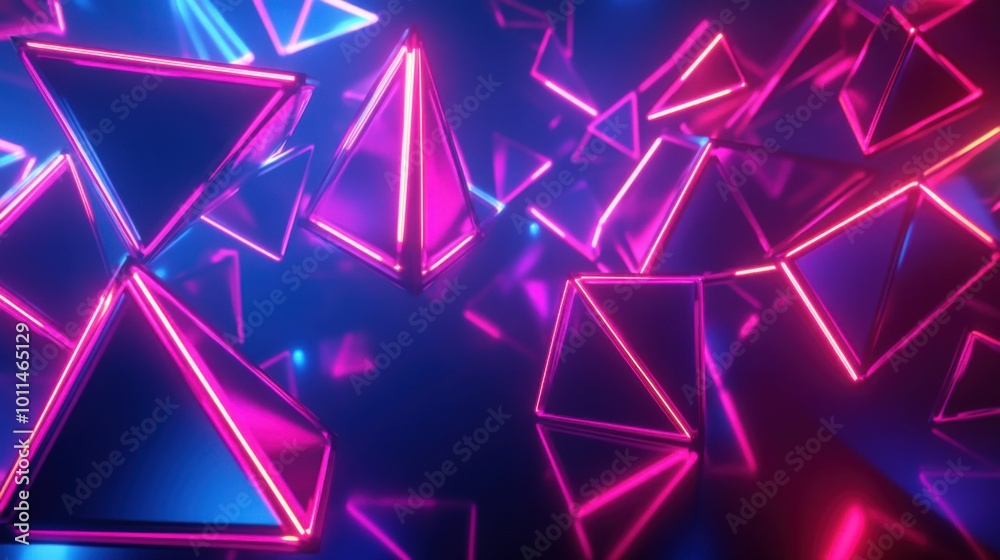 Neon polygonal shapes rotating in 3D space, glowing with vibrant colors ...