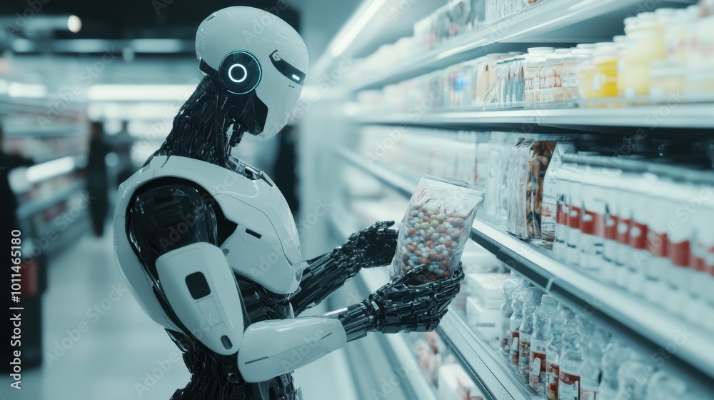 Futuristic robot buying groceries in a high-tech supermarket ...