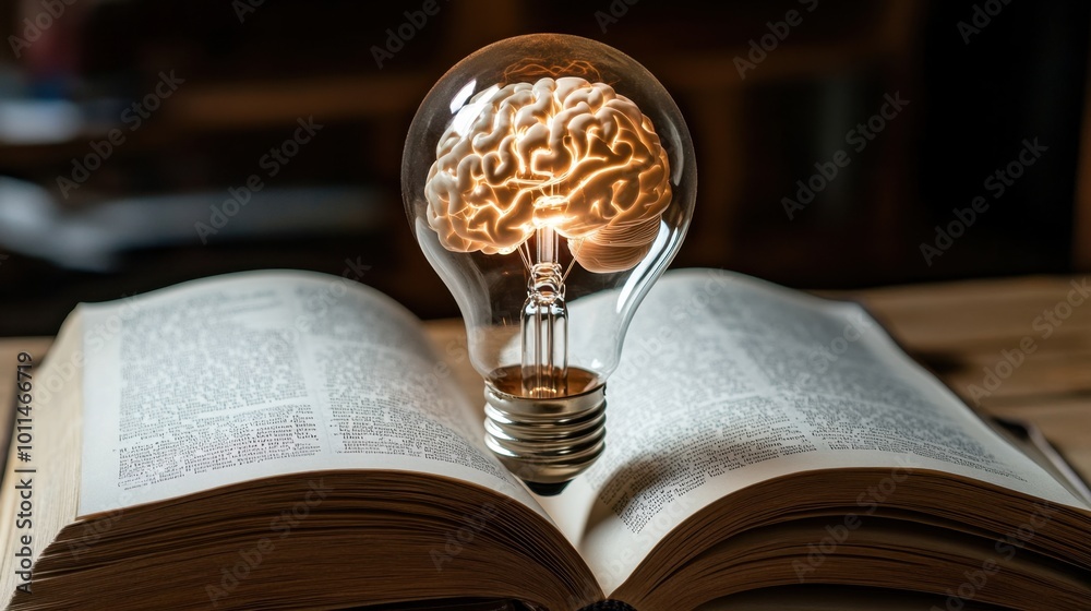 Illuminated brain inside a light bulb sitting on an open book, representing wisdom, learning ...