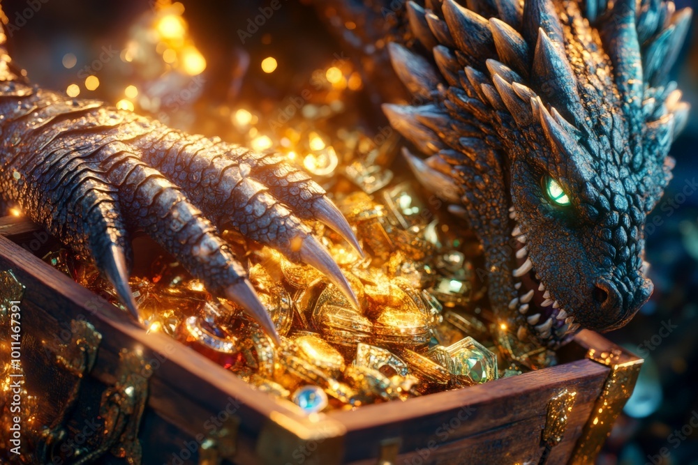 A fearsome dragon hovers over a treasure chest brimming with gold and ...