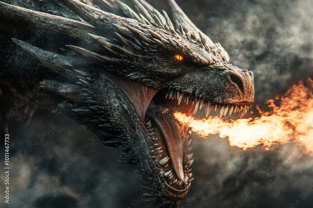 A dragon demonstrates its mythical prowess, enveloped in flames and ...