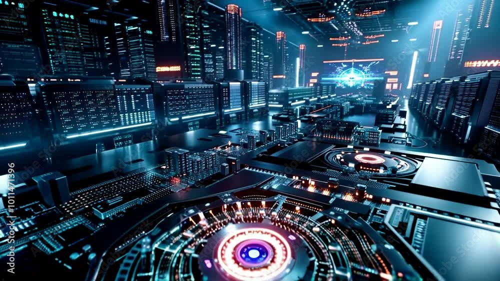 A vibrant, high-tech scene depicting intricate circuits and digital ...