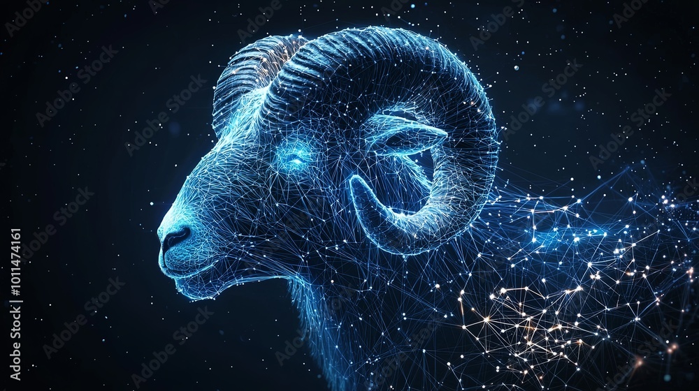 A striking digital portrait of a ram created using glowing wireframe ...