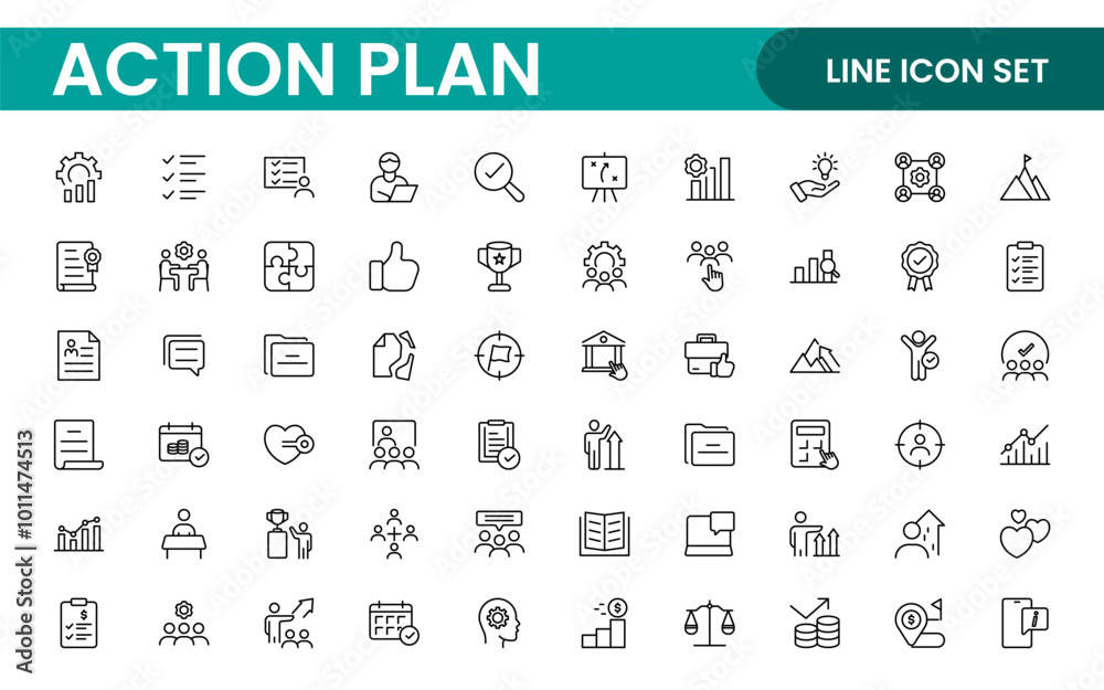 Line icons about action plan. Contains such icons as search strategy ...