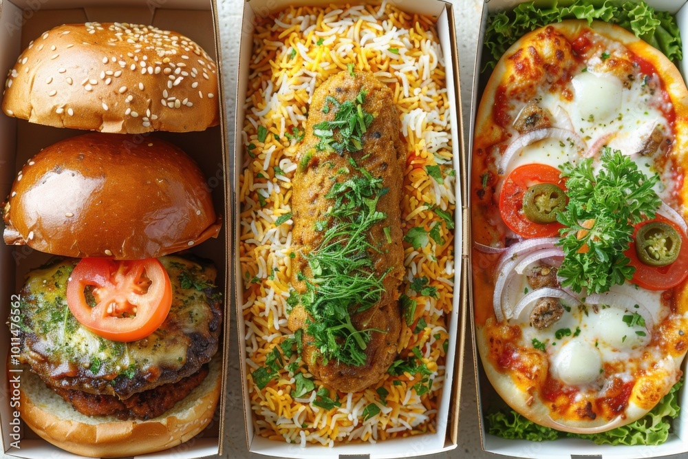 A diverse selection of fast food dishes including a cheeseburger ...