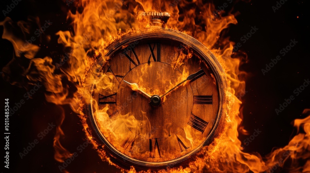 Old wooden clock with fire consuming its edges, the clock hands still ...