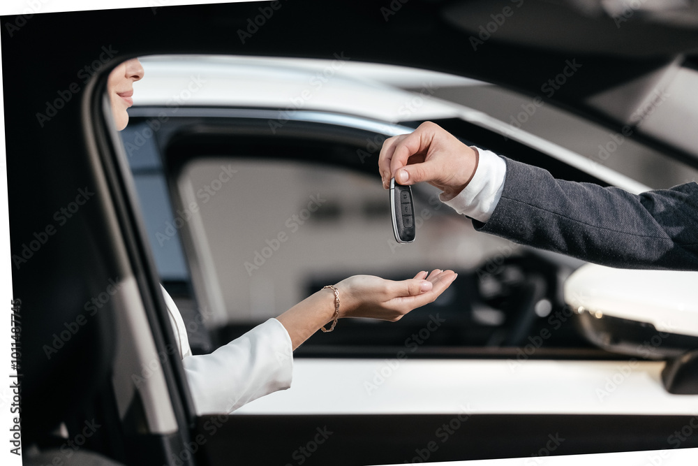 Hand holding car key remote, with modern car background. A car dealer ...