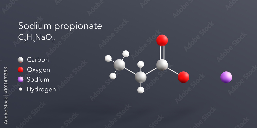 sodium propionate molecule 3d rendering, flat molecular structure with chemical formula and ...