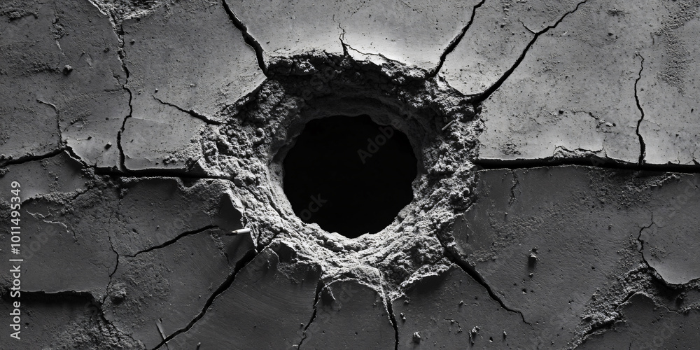 bullet mark. A close-up of a bullet hole in a concrete wall, showing ...