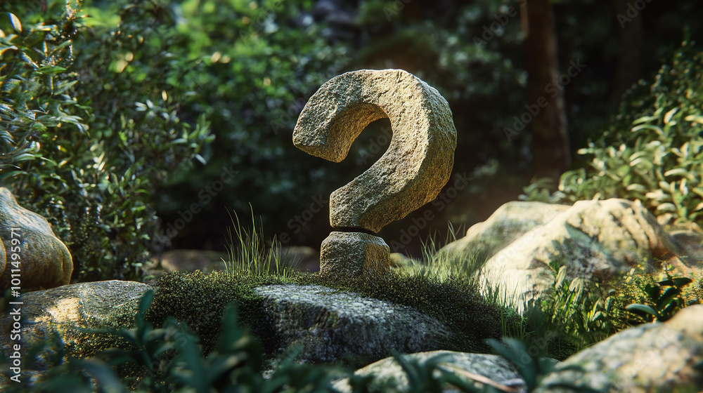 question mark shape made of natural stone in green area daylight ...