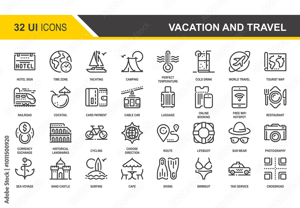 Vector set of vacation and travel flat line web icons. Each icon with ...