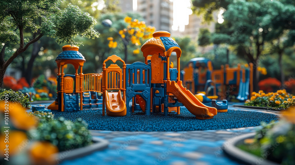 Colorful playground structure in a park, surrounded by greenery ...