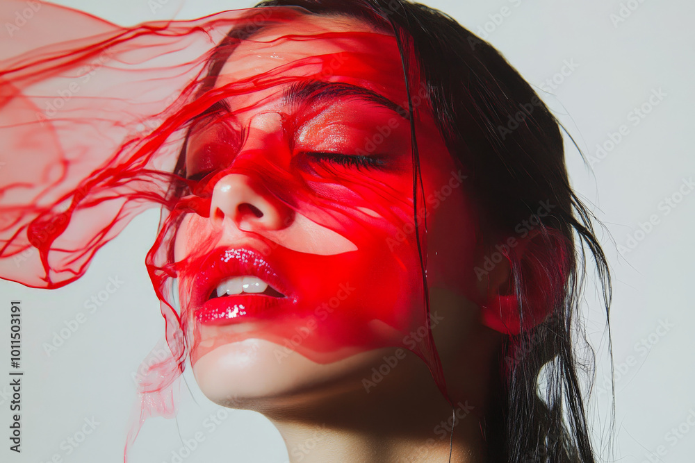 A young adult Hispanic woman face melts into a translucent crimson drop ...