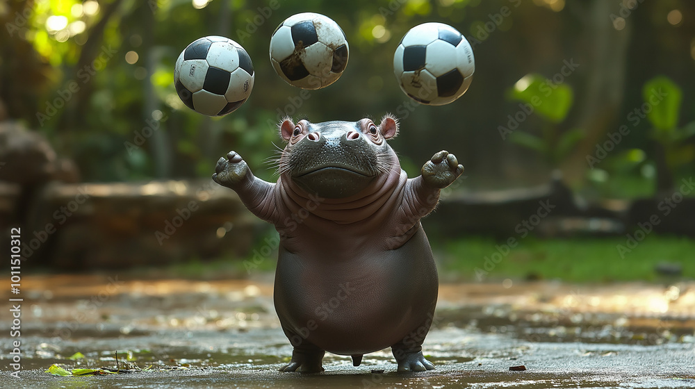 Design a scene where a baby pygmy hippo is skillfully juggling three ...