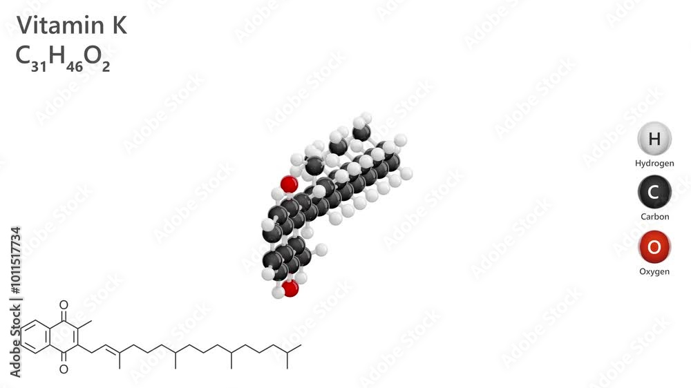 Molecule of Vitamin K (C31H46O2) is essential for blood coagulation and ...