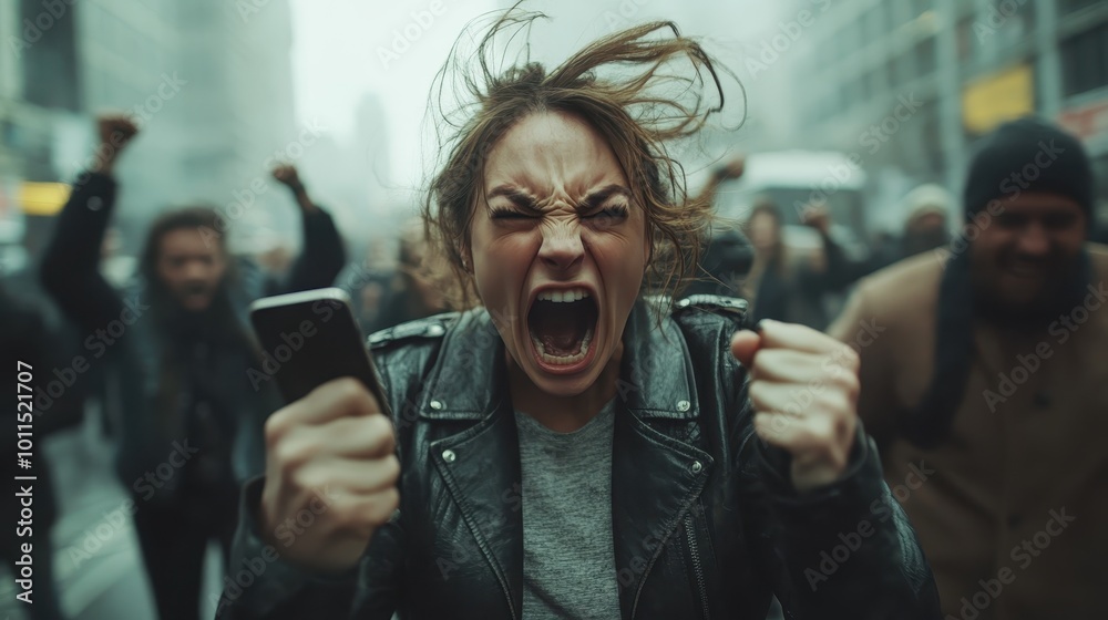 In a spirited protest scene, a determined woman shouts passionately ...