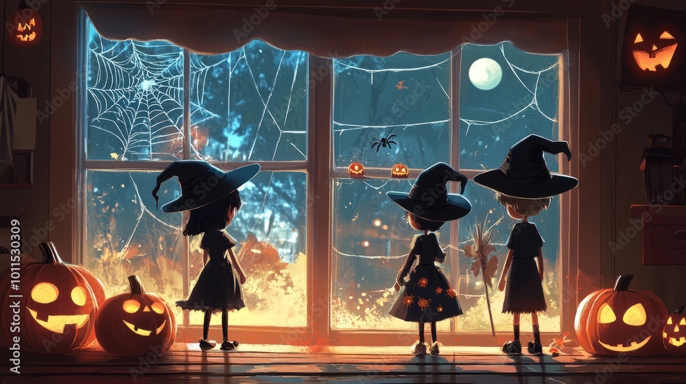 Halloween cartoon showing kids in witch hats, standing near clear ...