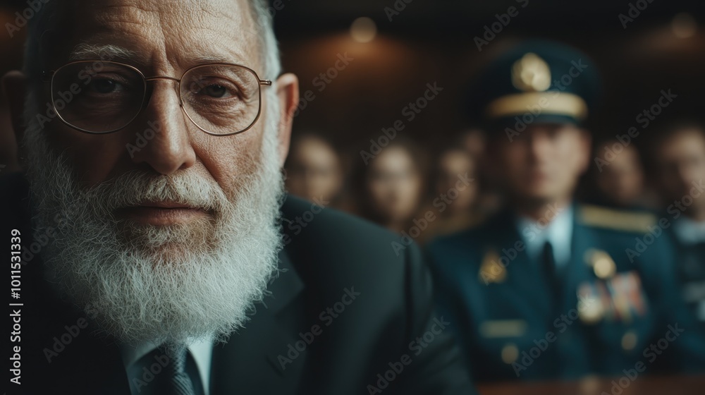 A thoughtful elderly man with a dignified gray beard sits in a suit ...