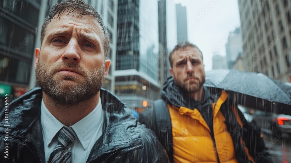 In a rain-soaked city, two men confront the weather wearing business ...