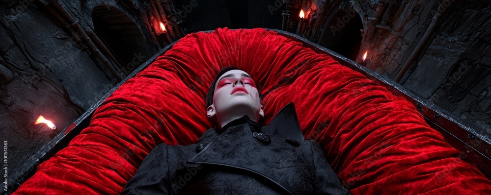 A gothic vampire in a tailored waistcoat and cape, resting in a lavish ...