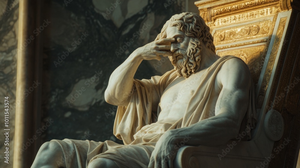 Statue of Socrates, with his hand on his face in deep thought, inside ...
