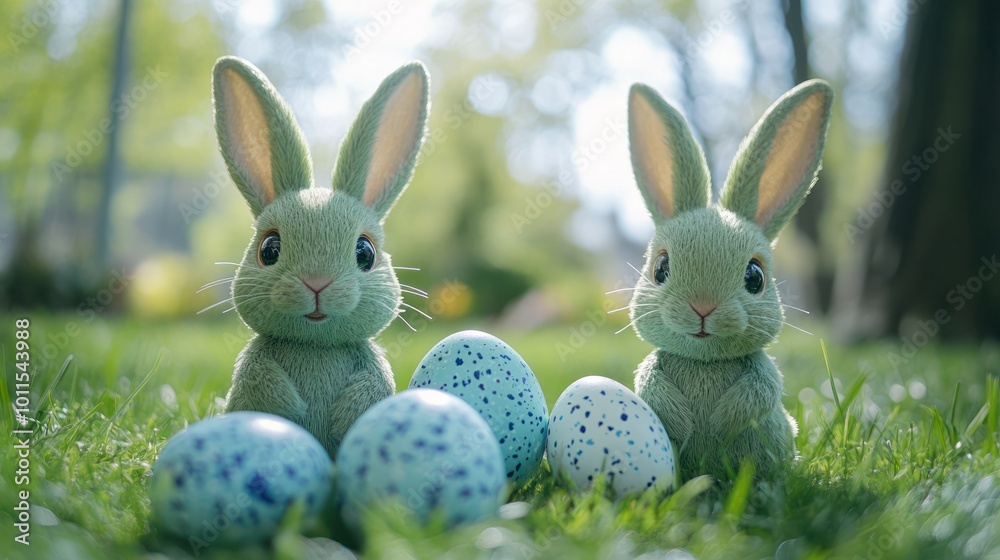 Two cute green bunny rabbits sitting next to four blue and white ...