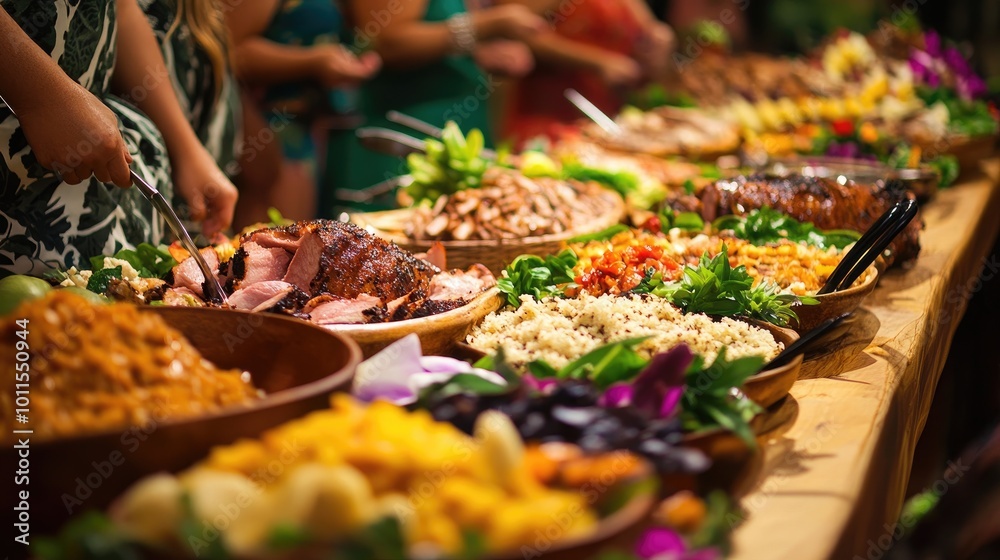 A traditional Hawaiian luau feast, with tables laden with kalua pig ...