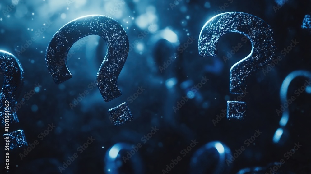 Cinematic, dark blue background with question marks floating in the air ...
