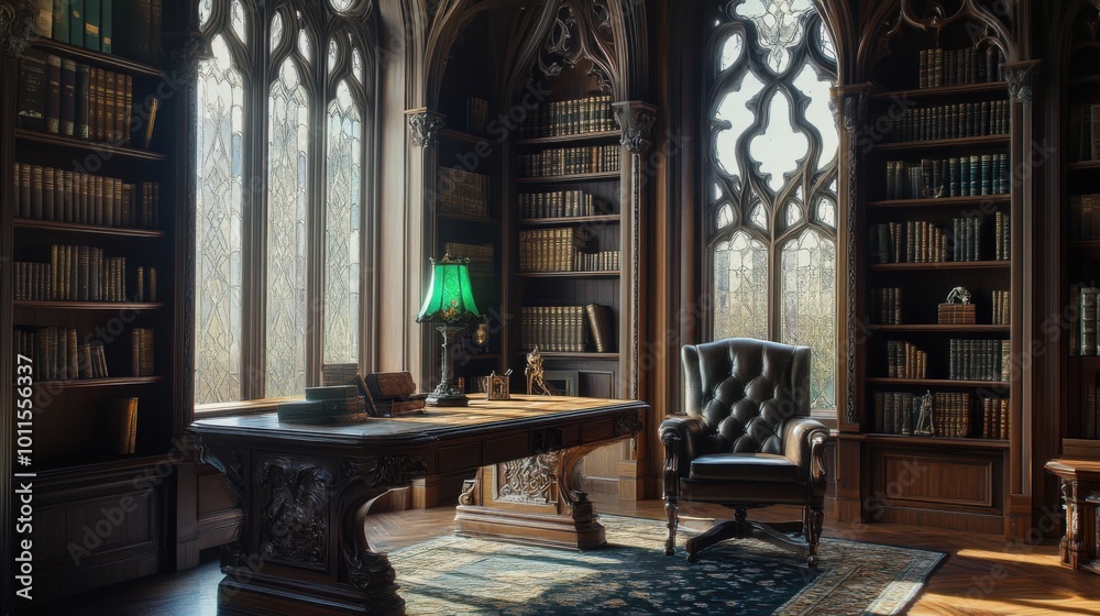Gothic study room with towering blackwood bookshelves and emerald glass ...