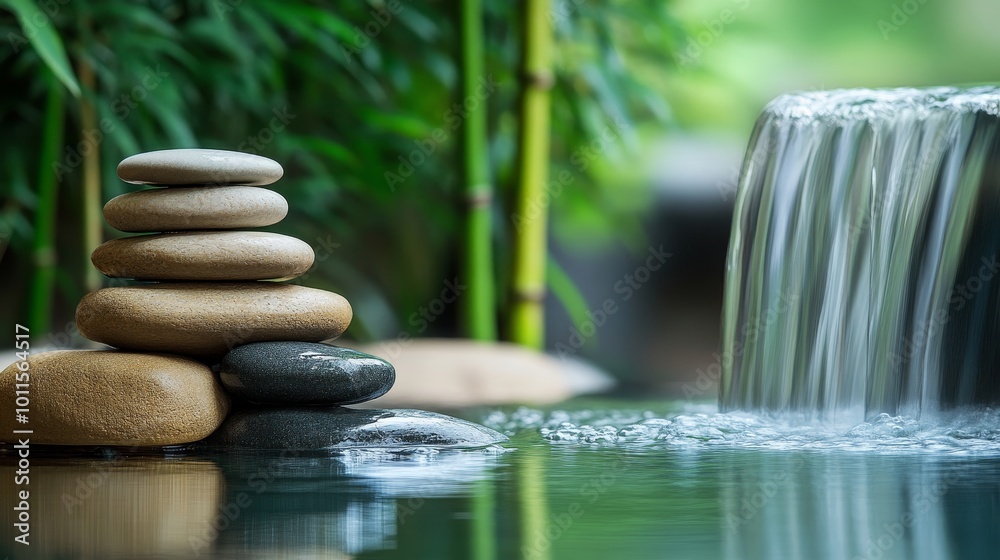 Tranquil waterfall cascading over polished stones in a bamboo-filled ...