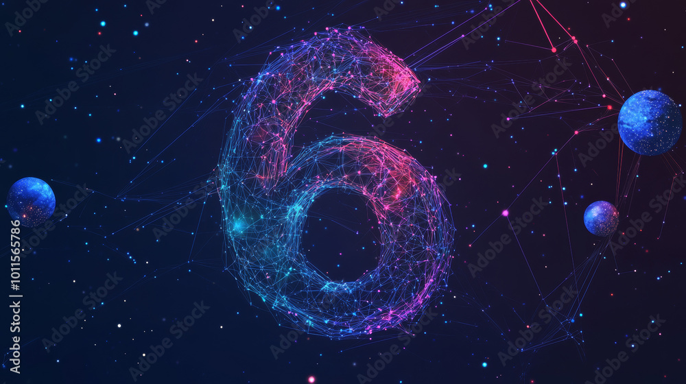 A number "6" made of stars and planets, like a night sky. It's made ...