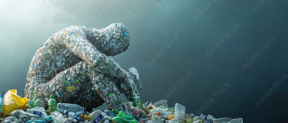 Craft a figure hunched under the weight of plastic bottles and bags ...