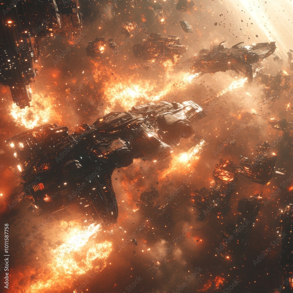 Spaceship Battle Fiery Explosion Sci Fi Artwork Futuristic Warfare Space Combat Gala Stock ...