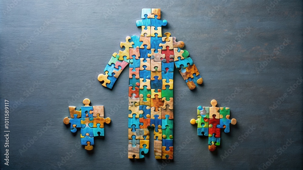 Colorful jigsaw puzzle pieces forming the shape of a person with two ...
