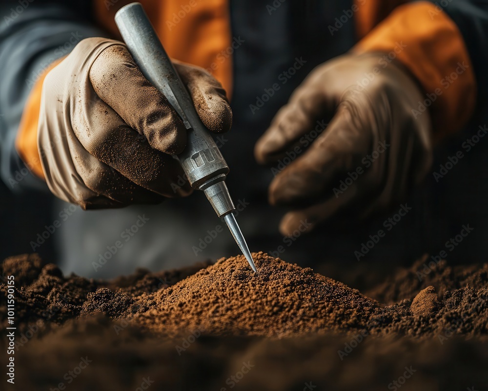 Technician performing soil compaction test with compaction tool in lab ...