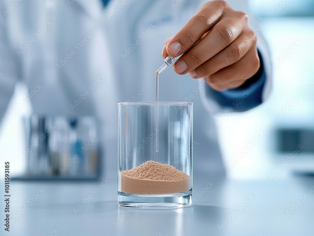 Lab technician placing sand particles into permeability test device ...