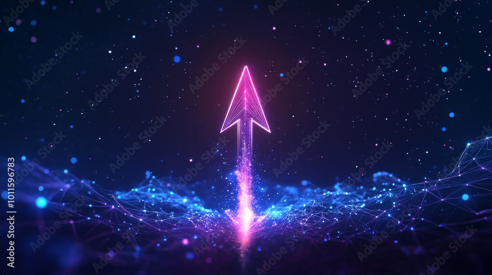 A glowing arrow streaks upward against a starry, tech-inspired sky. This cyberpunk icon ...