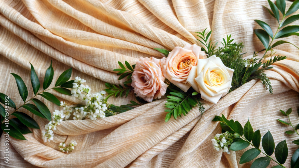 Delicate roses and green leaves are elegantly arranged on a soft ...