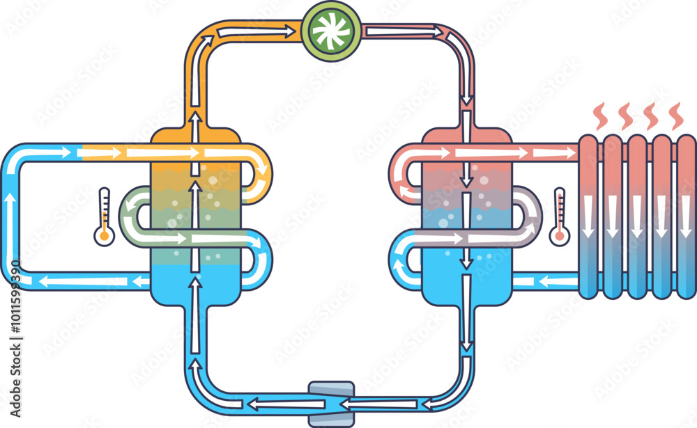 Poster Diagram of heat pump cycle showing refrigerant flow, compressors ...
